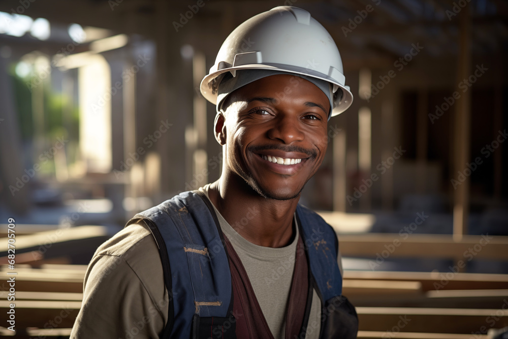 Smiling men bricklayer in work clothes on a construction site. Mason at ...
