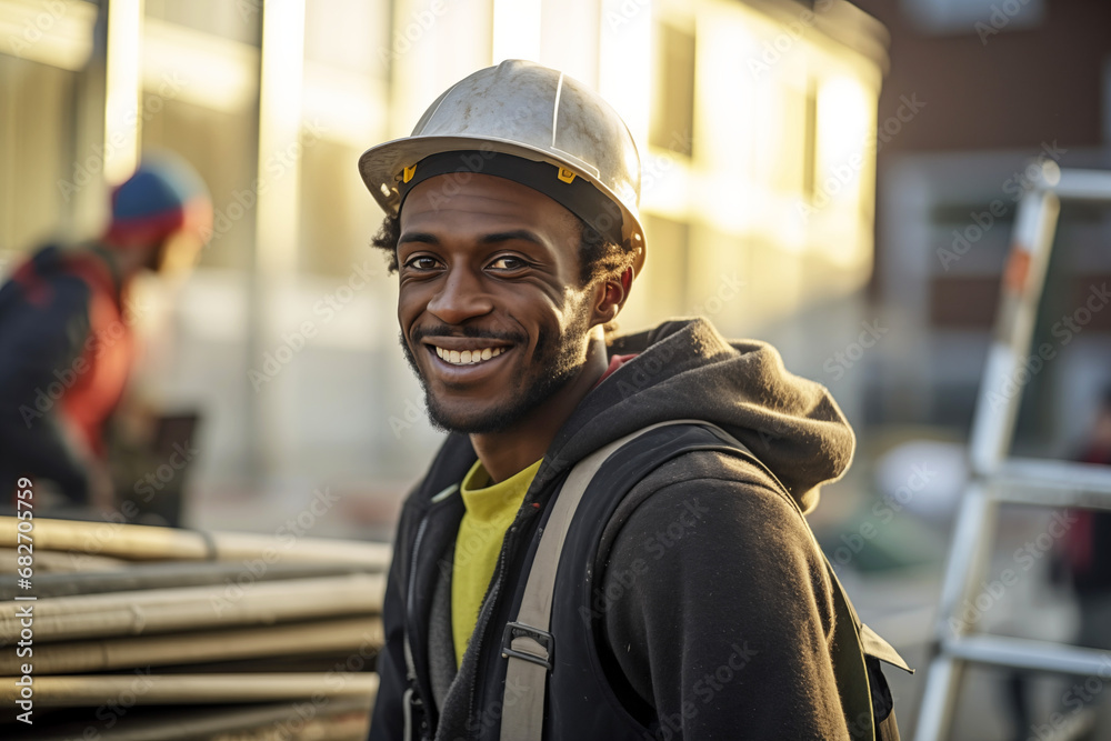 Smiling men bricklayer in work clothes on a construction site. Mason at ...