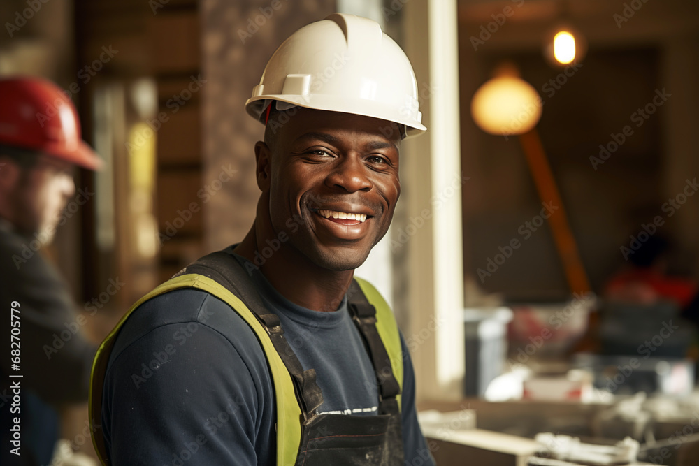 Smiling men bricklayer in work clothes on a construction site. Mason at ...