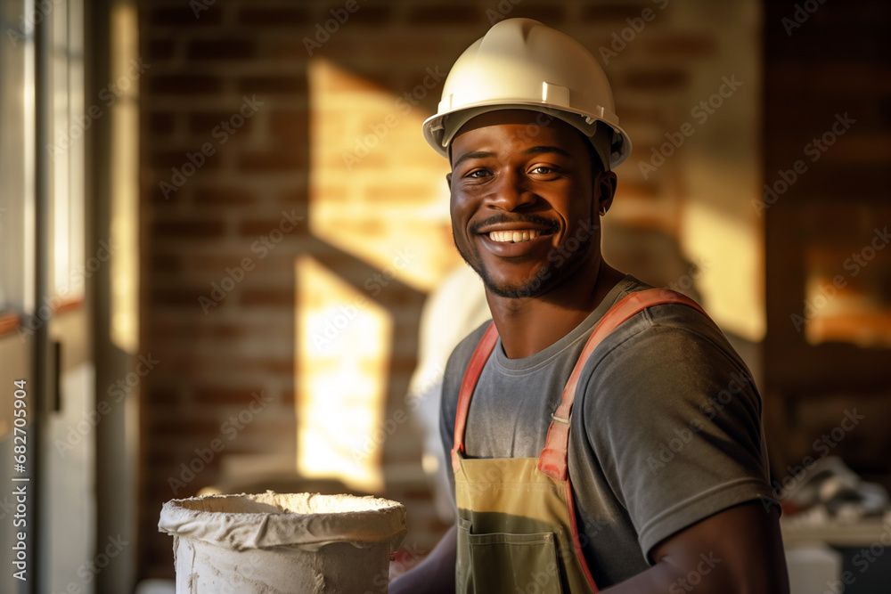 Smiling men bricklayer in work clothes on a construction site. Mason at ...