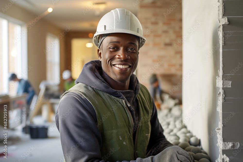 Smiling men bricklayer in work clothes on a construction site. Mason at ...
