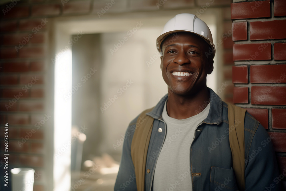 Smiling men bricklayer in work clothes on a construction site. Mason at ...