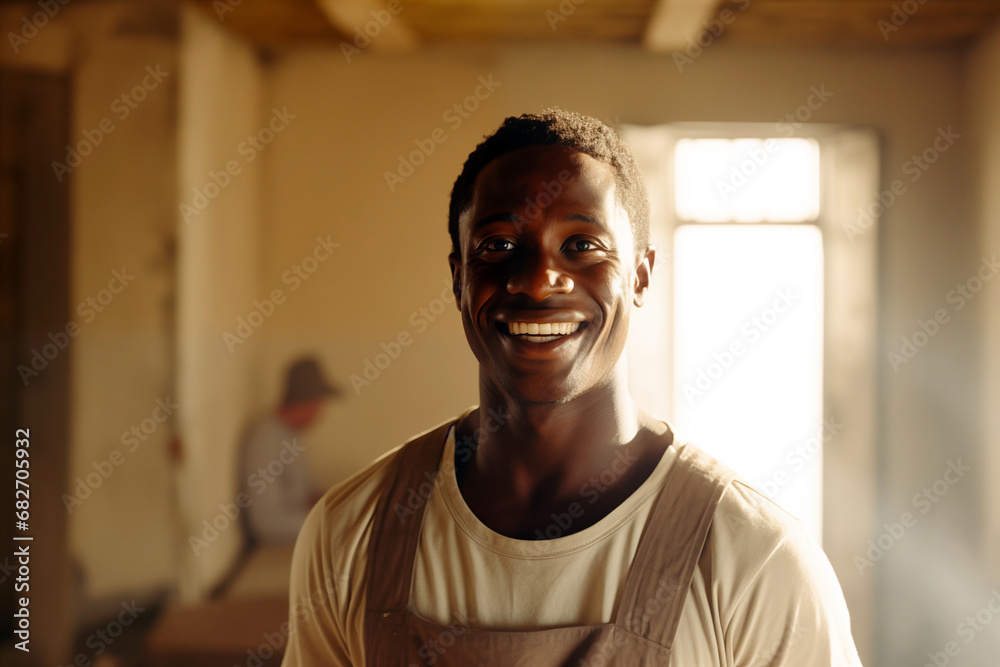 Smiling men bricklayer in work clothes on a construction site. Mason at ...