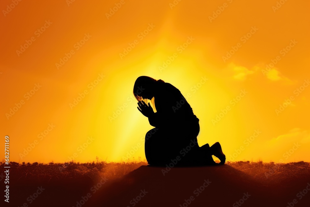 Christian prayer. Man on his knees praying on sunset background ...