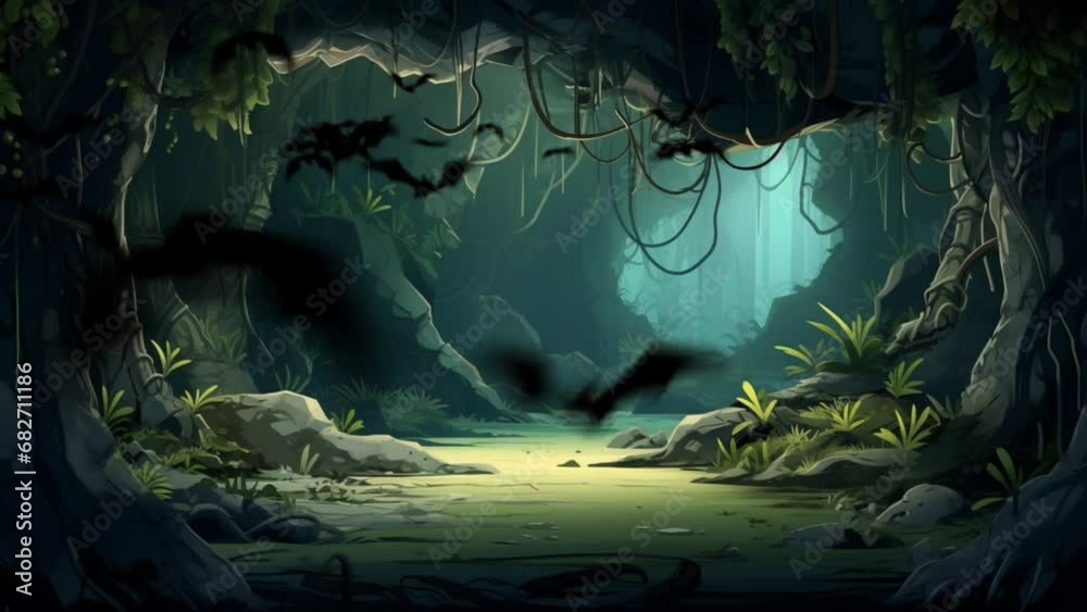 cartoon animation bat flying out of the cave. seamless looping video ...