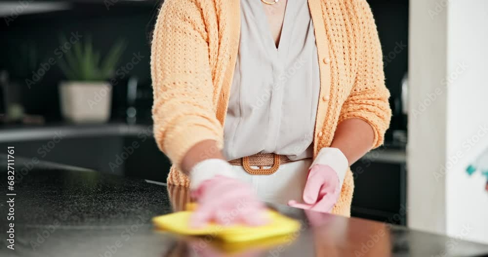 Hands, family or child cleaning house or kitchen with spray for ...
