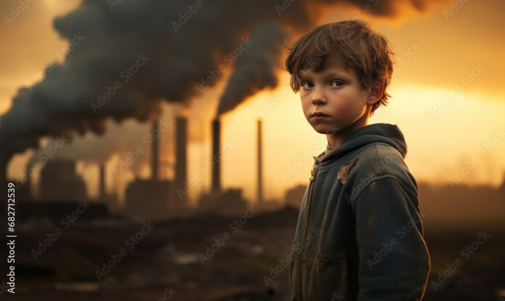 Air pollution and carbon emissions, Sad child in front of petrochemical ...
