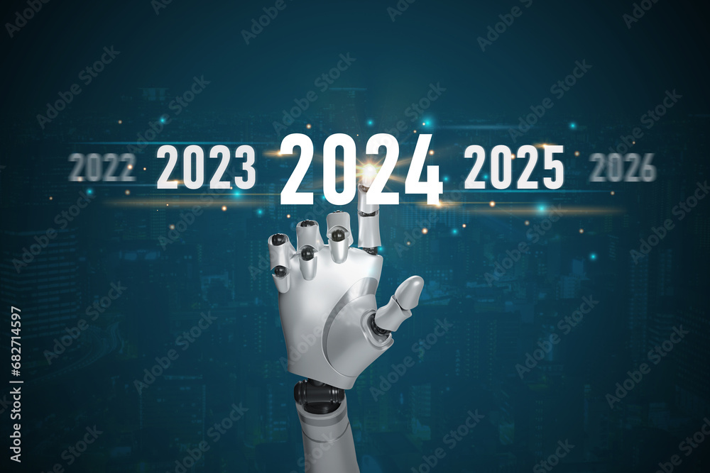 Happy New Year 2024 Robot hand touch on a virtual screen 2024. AI and ...