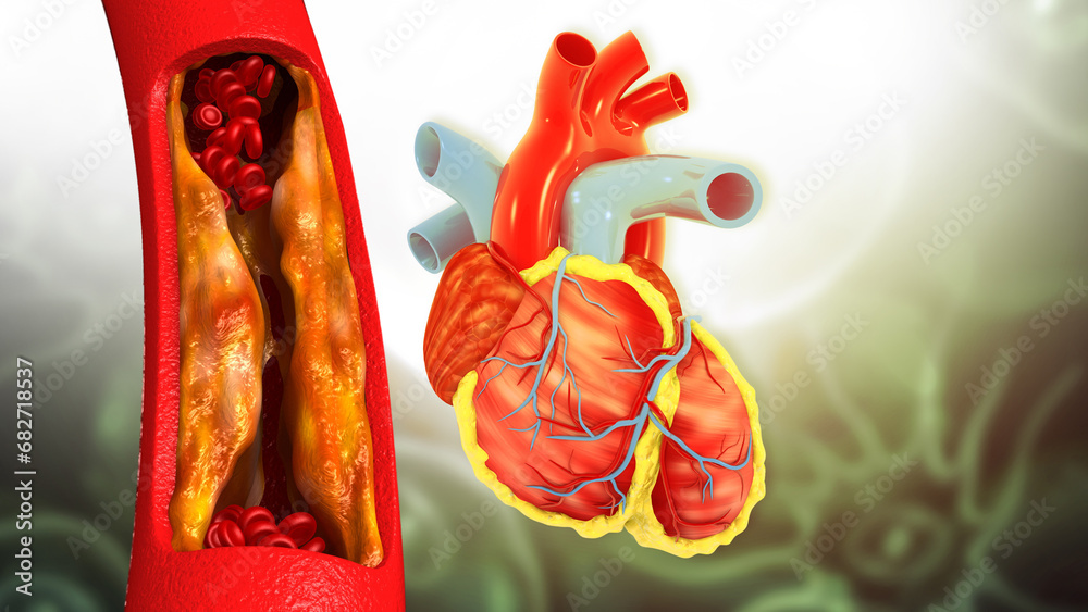 Human heart with Clogged arteries on scientific background. 3d ...