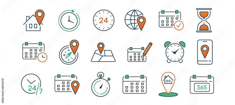 Time, date, location icon set. Place, home, yearly, compass, map, mark, round the clock vector ...