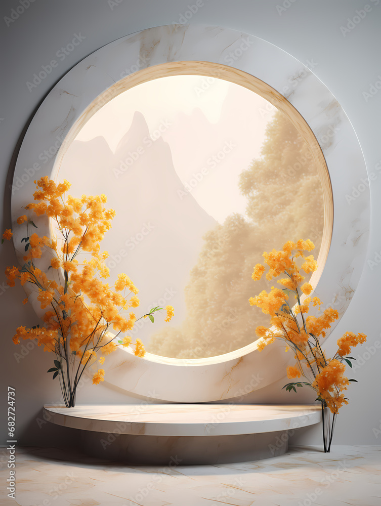 3d rendering of round window product booth with yellow flowers, e ...
