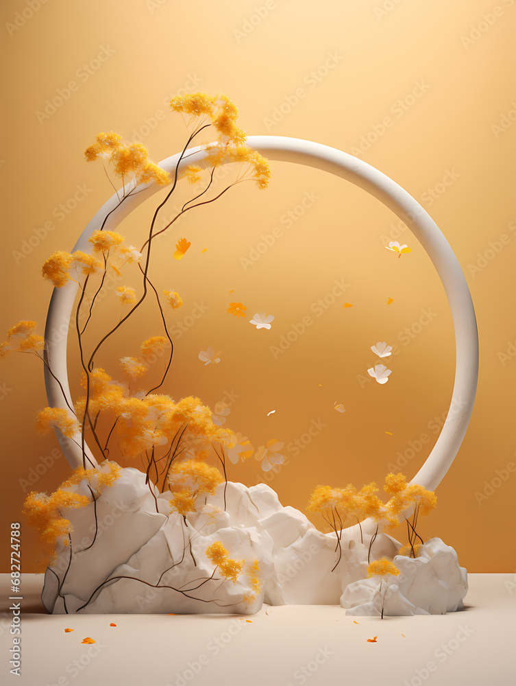 3d rendering of round window product booth with yellow flowers, e ...