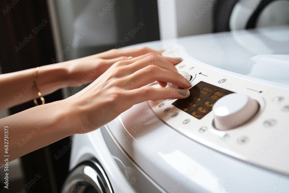 Hand push on automatic new washing machine. Clean safety work washer ...