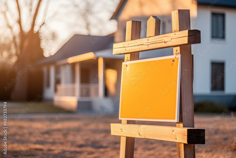 House sale board sign in yard. Real estate property promotion placard ...