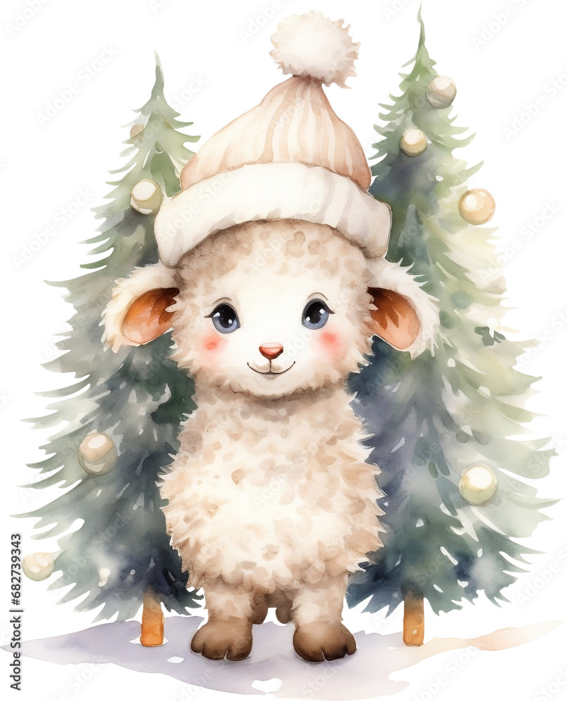 Watercolor Baby Sheep Animal With Christmas Tree Clipart, Watercolor ...