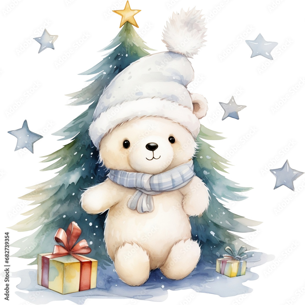 Watercolor Baby Bear Animal With Christmas Tree Clipart, Watercolor ...