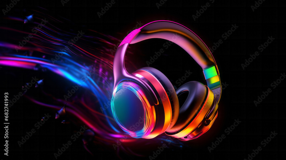 Creative, headphones and abstract sound wave flow with mockup for music ...