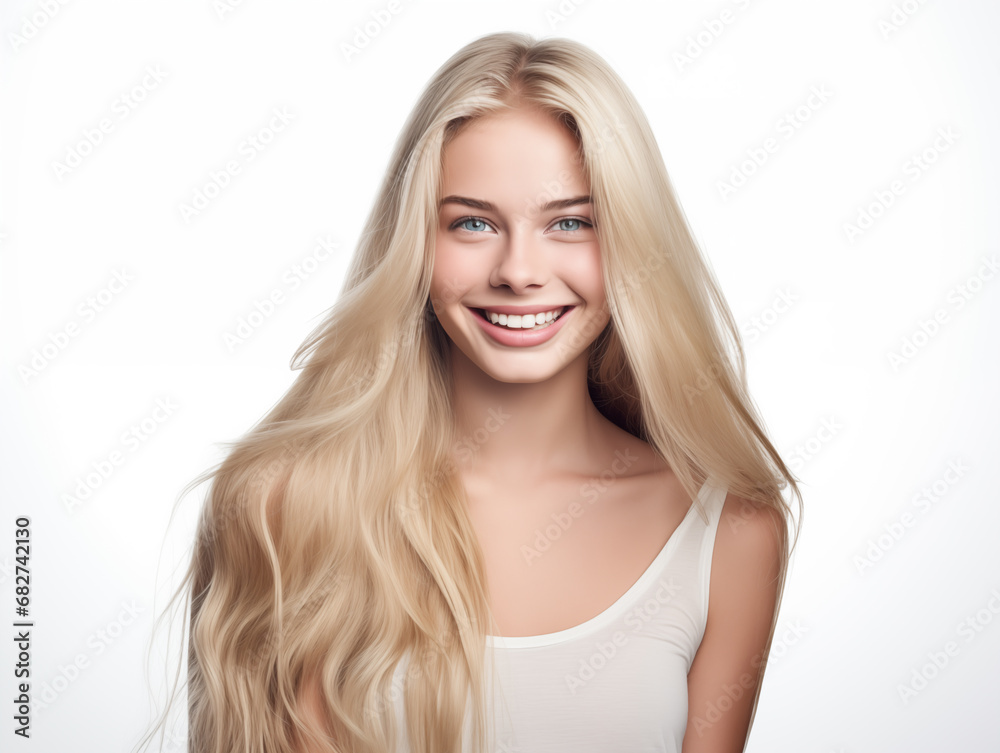 Beautiful, young woman, laughing, chuckling, guffawing, isolated, white ...