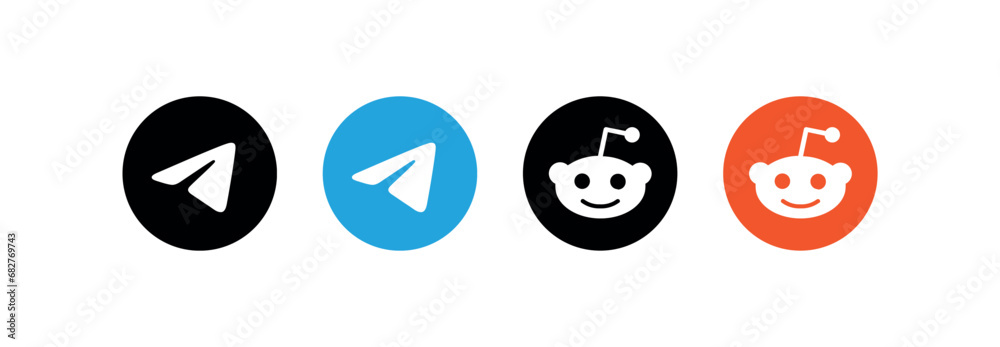 Social media color icons. Telegram and Reddit social media black and ...