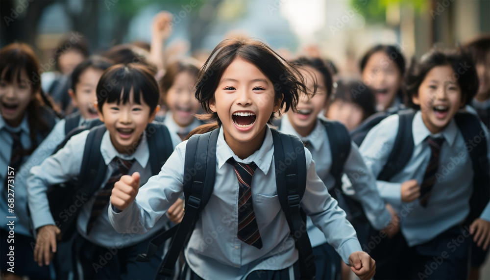 Asian school children wearing uniform and leaving school. Happy and ...
