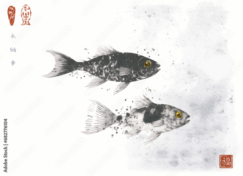Sumi-e ink wash illustration featuring two koi fish with golden eyes ...