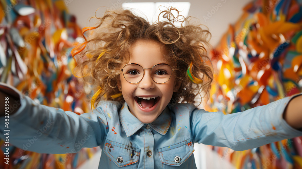 Surprised and shocked little girl, immersed in a colorful room. Her ...