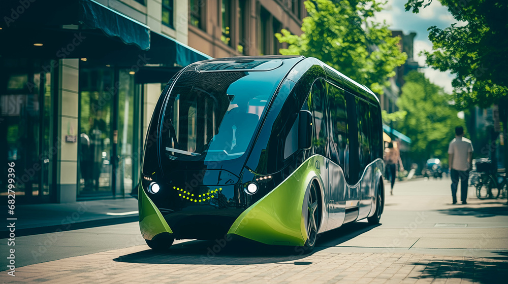 Futuristic Self-Driving Bus on a City Street, Smart Public Transport ...