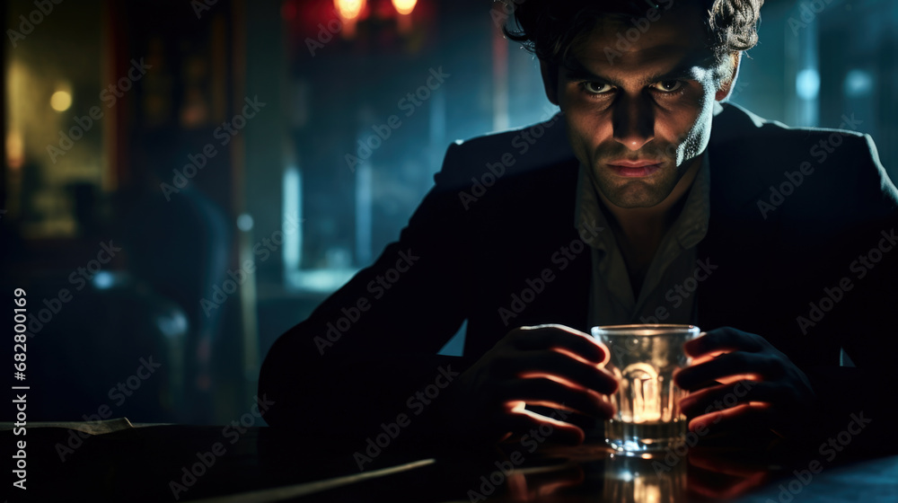 Upset young man drinker alcoholic sitting at bar counter with glass drinking whiskey alone, sad ...