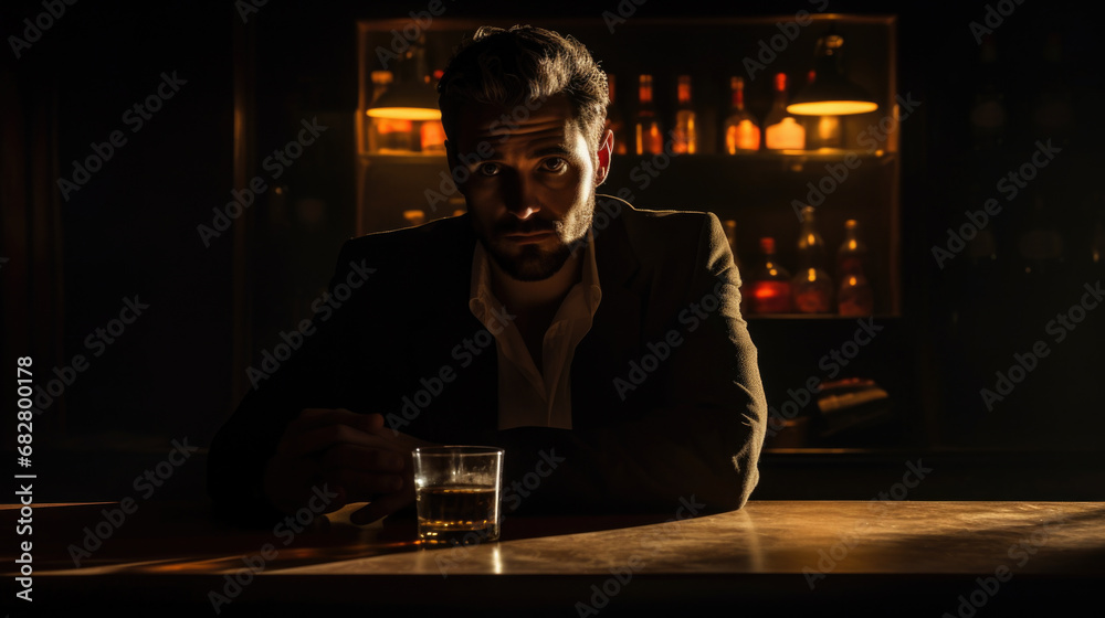 Upset young man drinker alcoholic sitting at bar counter with glass drinking whiskey alone, sad ...