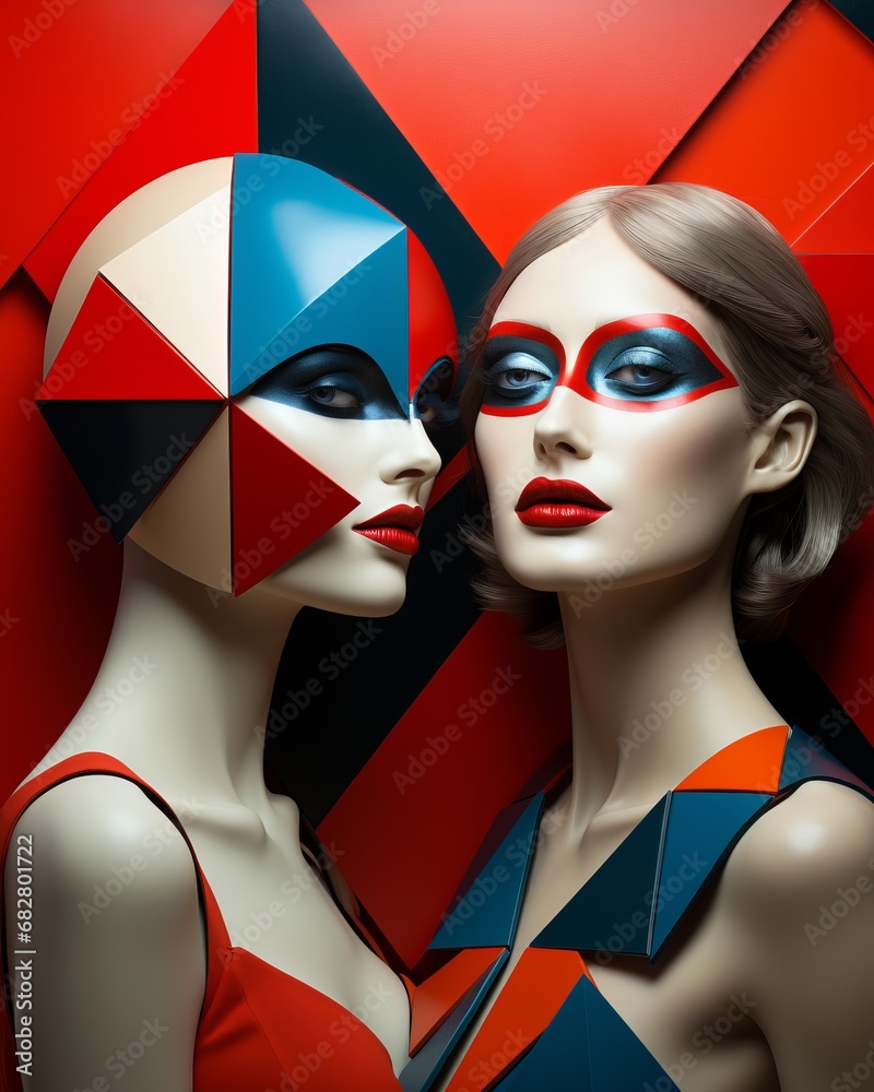 Two mannequins stand adorned with vibrant lipsticks and face masks, a ...