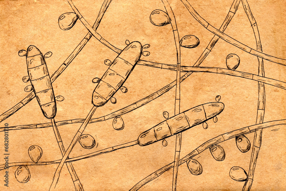 Hand-drawn illustration of Trichophyton rubrum fungi on aged paper ...