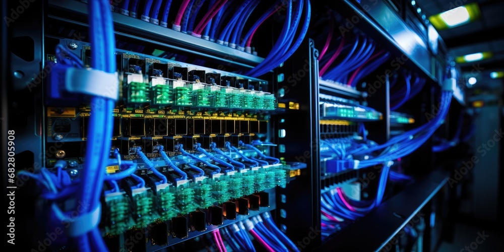 A complex set of wires and cables converge in data center where server ...