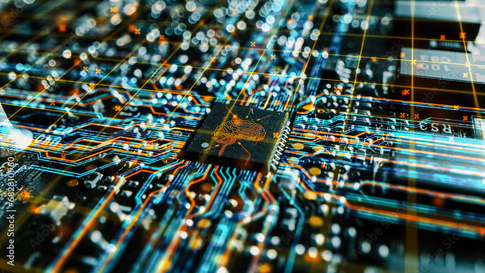 Futuristic Technology Concept Visualization: Circuit Board CPU Processor Microchip Beginning AI ...