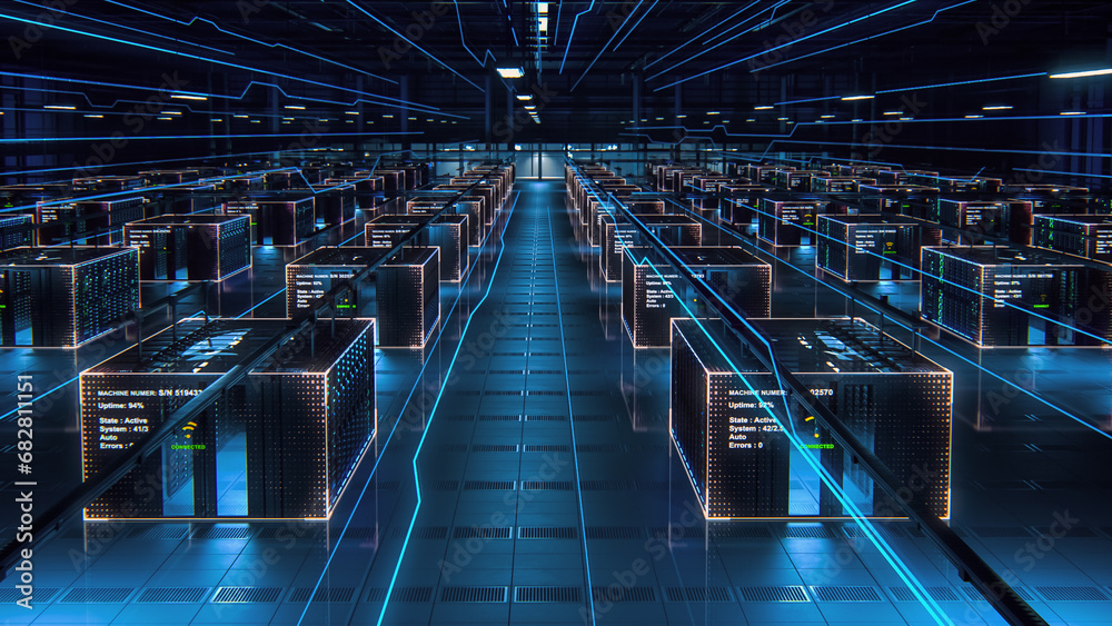 Futuristic Data Center with Turned on 3D Inforgraphics. Augmented VFX ...