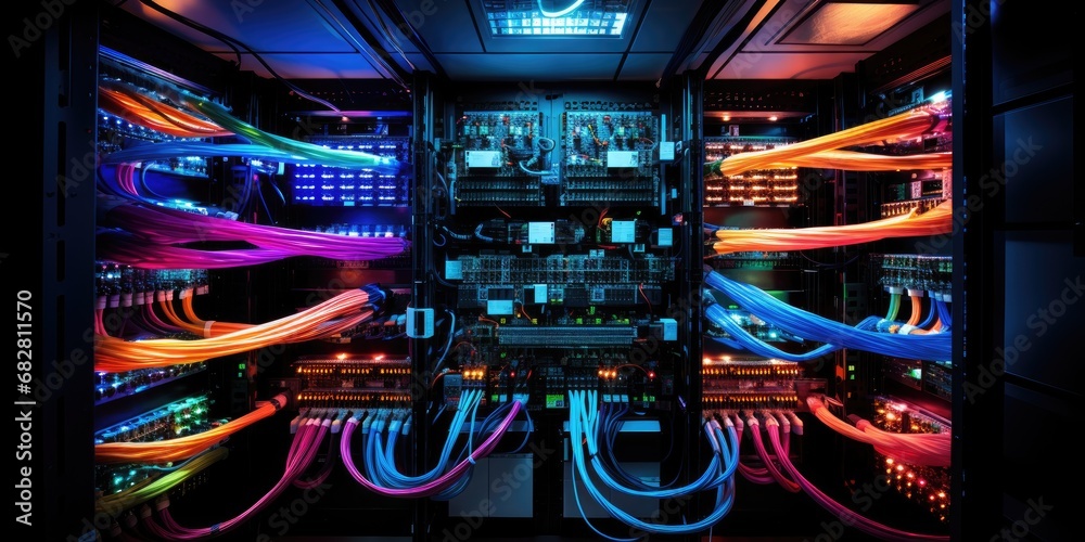 A complex set of wires and cables converge in data center where server ...