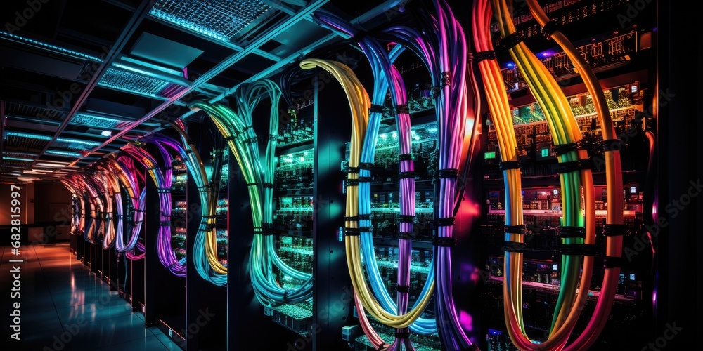 A complex set of wires and cables converge in data center where server ...