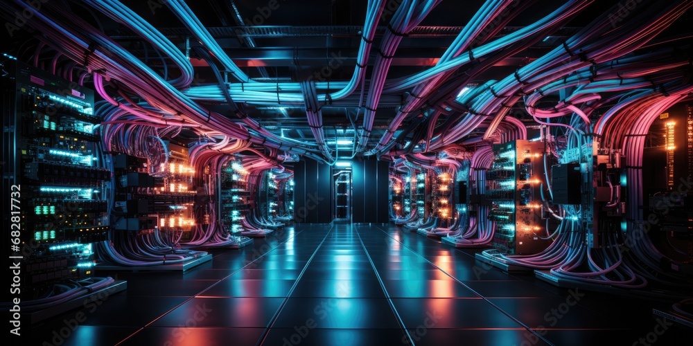 A complex set of wires and cables converge in data center where server ...