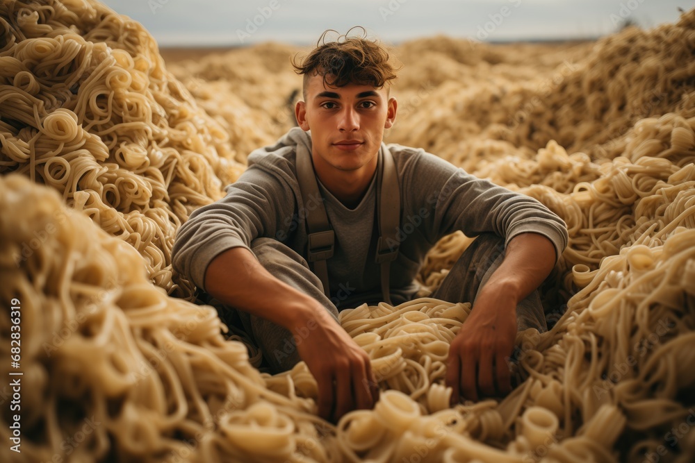 AI people. Young guy with kind face sitting in spaghetti field. Showing ...