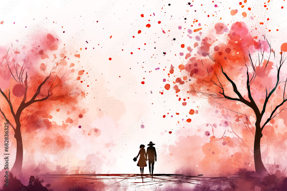 Watercolor Romantic Couple Illustration Background with Copy Space for ...