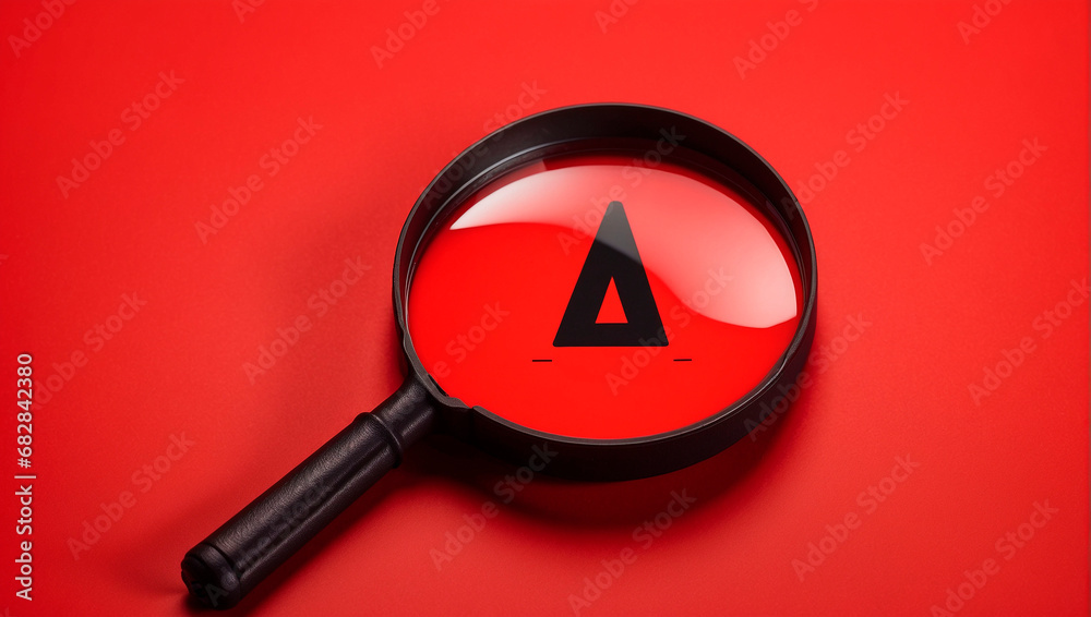 Black magnifying glass with pen pointed at a triangle on a red ...