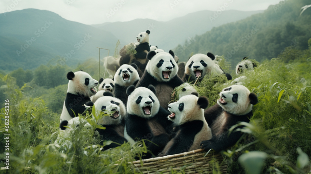 Meticulously crafted scene of playful pandas engaging in pranks and ...