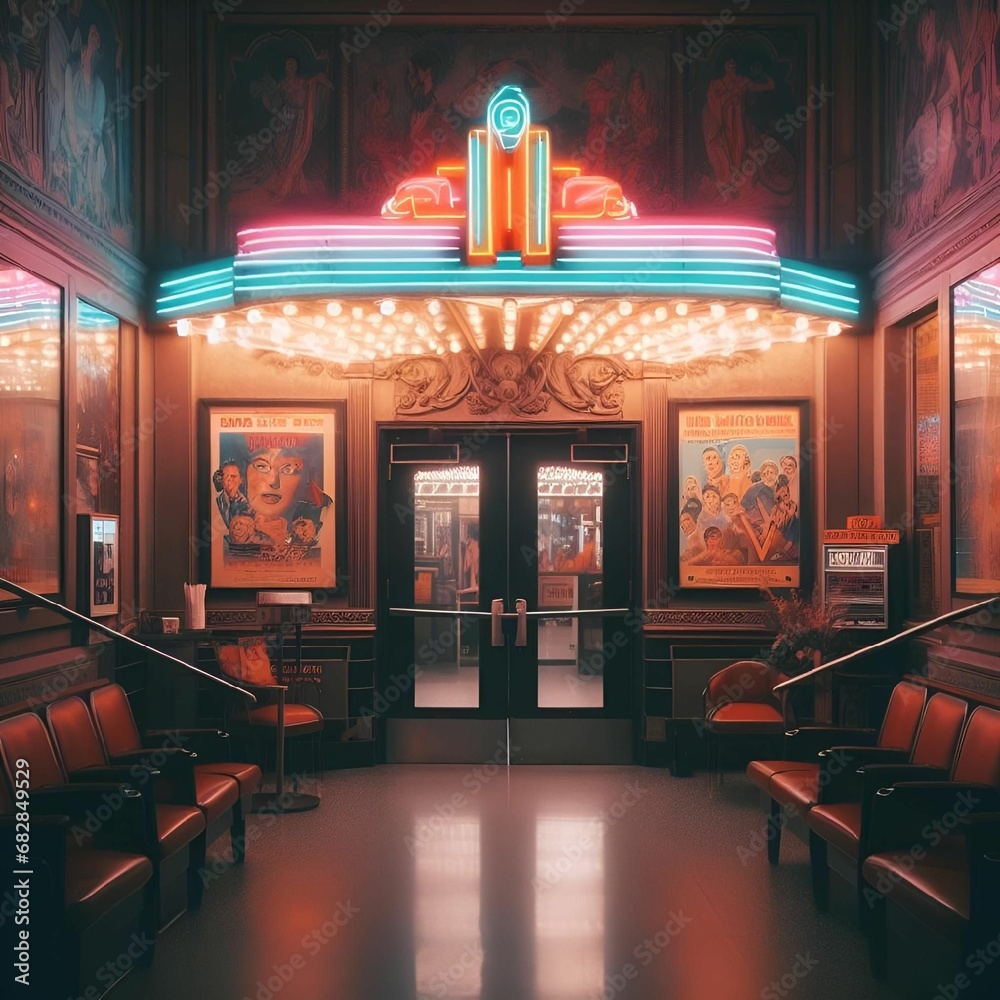 AI-generated illustration of a theatrical venue featuring a neon sign ...