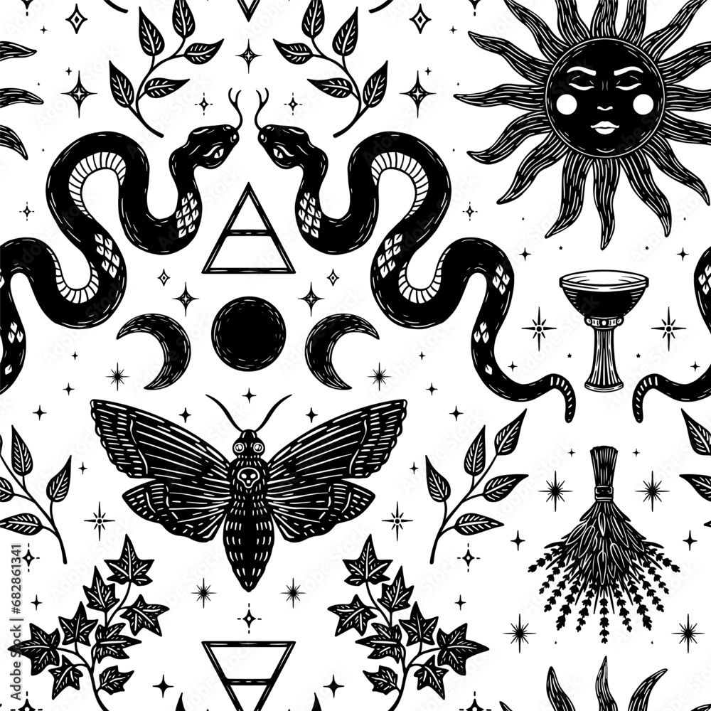 Witchy pattern with magic symbols. Repeat celestial background with ...
