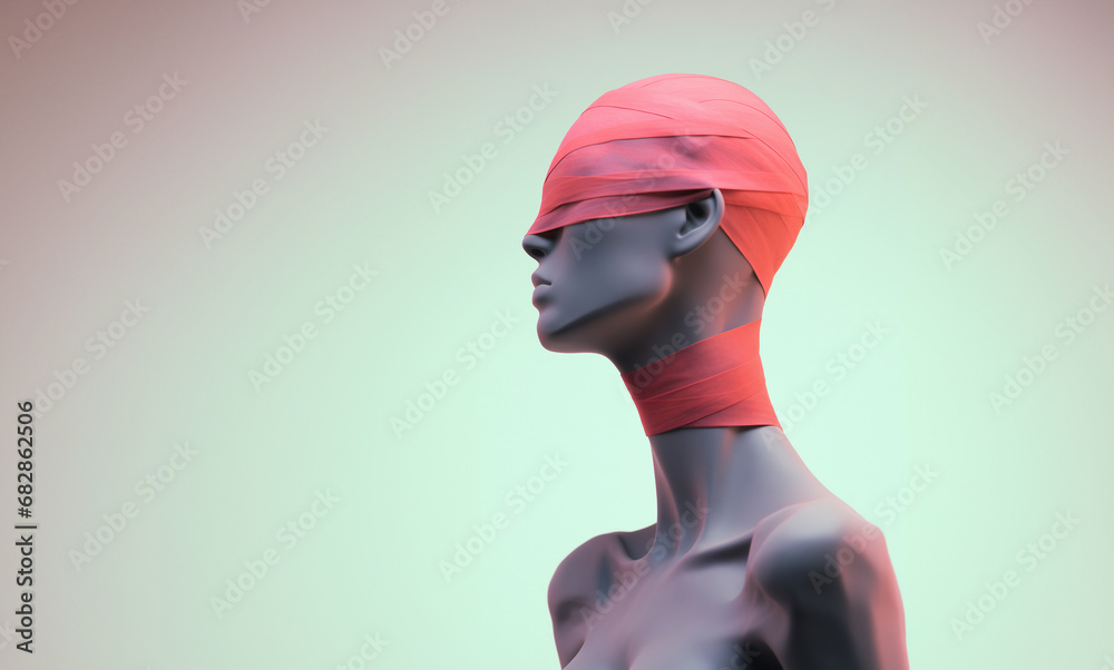 Female Mannequin model wrapped with orange red cotton fabric cloth ...
