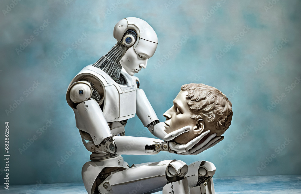 Un magnifique robot de couleur claire assis, tenant entre ses mains une ...