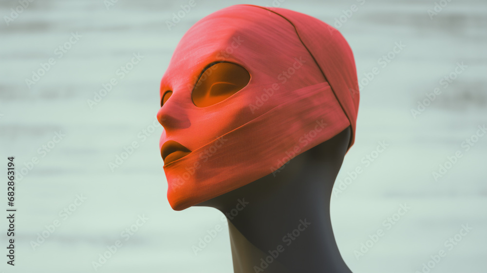 Female Mannequin model wrapped with orange red cotton fabric cloth ...