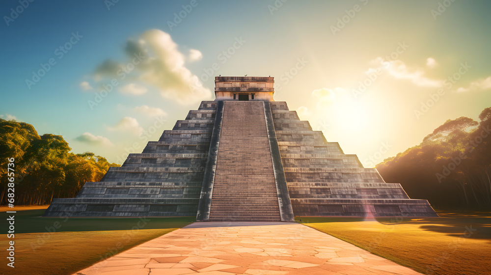 The iconic pyramid of El Castillo at Chichen Itza, casting a long ...