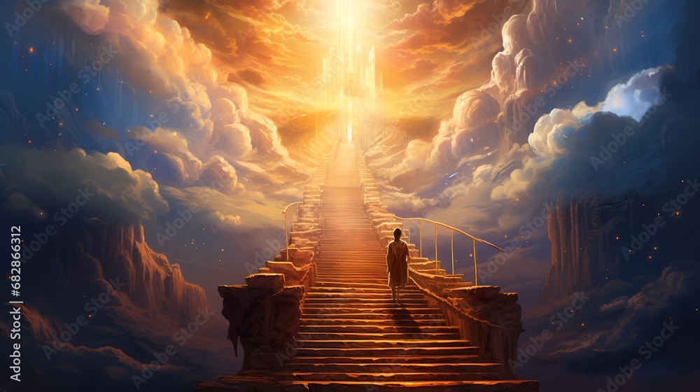 Stairway to heaven, with flare effects and clouds around, a place ...
