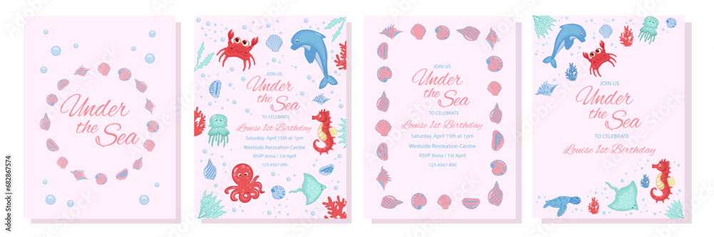 Birthday invitation set under sea theme background template, children's ...