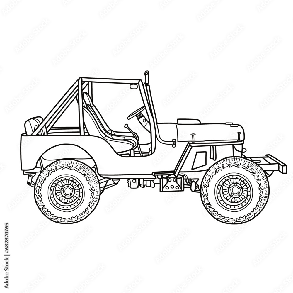 Military vehicle vector army 4X4 car vector illustration line art, Side ...